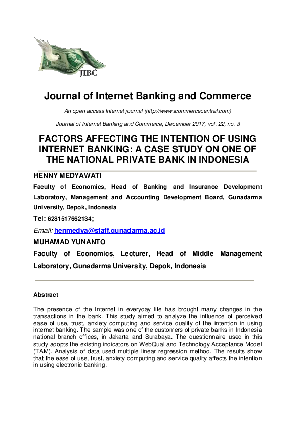 (PDF) Factors Affecting the Intention of Using Internet Banking: A Case Study on One of the ...
