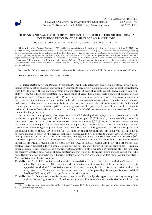 Pdf Testing And Validation Of Modbustcp Protocol For Secure Scada Communication In Cps Using