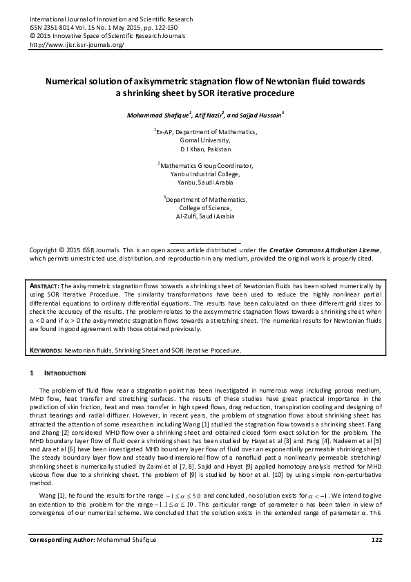 (PDF) Numerical solution of axisymmetric stagnation flow of Newtonian fluid towards a shrinking ...