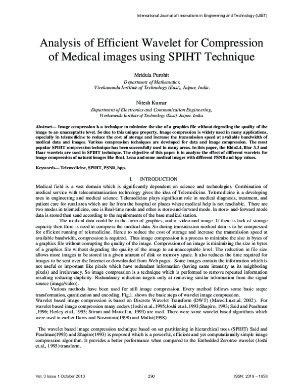 (PDF) Analysis of Efficient Wavelet for Compression of Medical images using SPIHT Technique