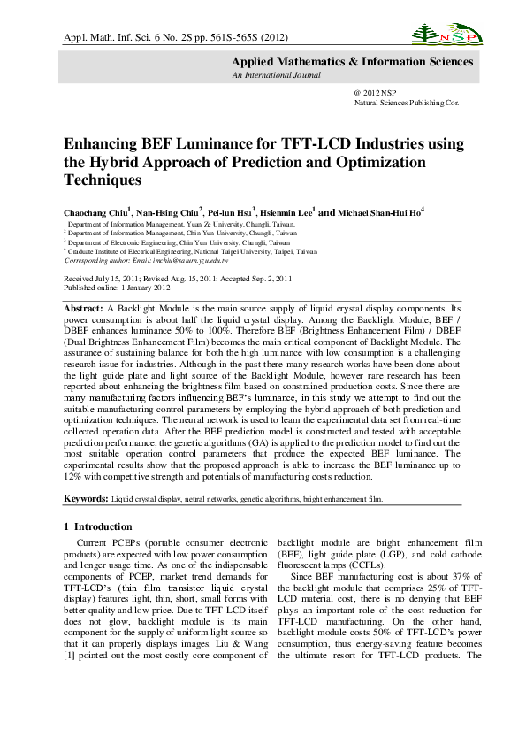 (PDF) Enhancing BEF Luminance for TFT-LCD Industries using the Hybrid ...
