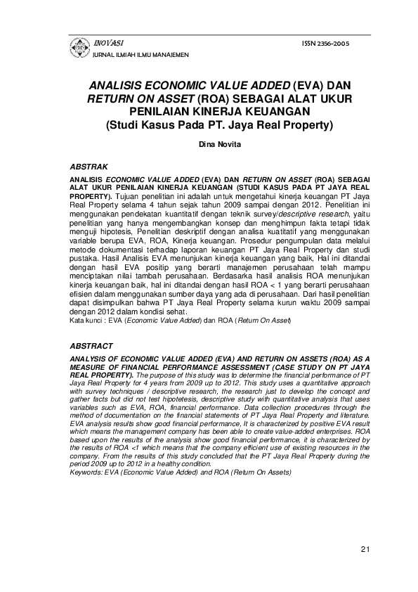 (PDF) ANALISIS ECONOMIC VALUE ADDED (EVA) DAN RETURN ON ASSET (ROA ...