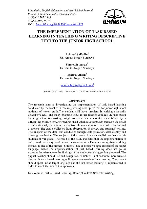 (PDF) The Implementation of Task Based Learning in Teaching Writing ...