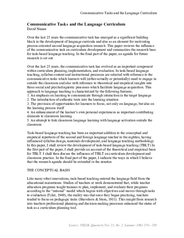 (PDF) Communicative Tasks and the Language Curriculum