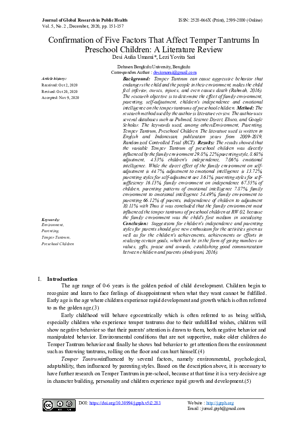 (PDF) Confirmation of Five Factors That Affect Temper Tantrums In ...