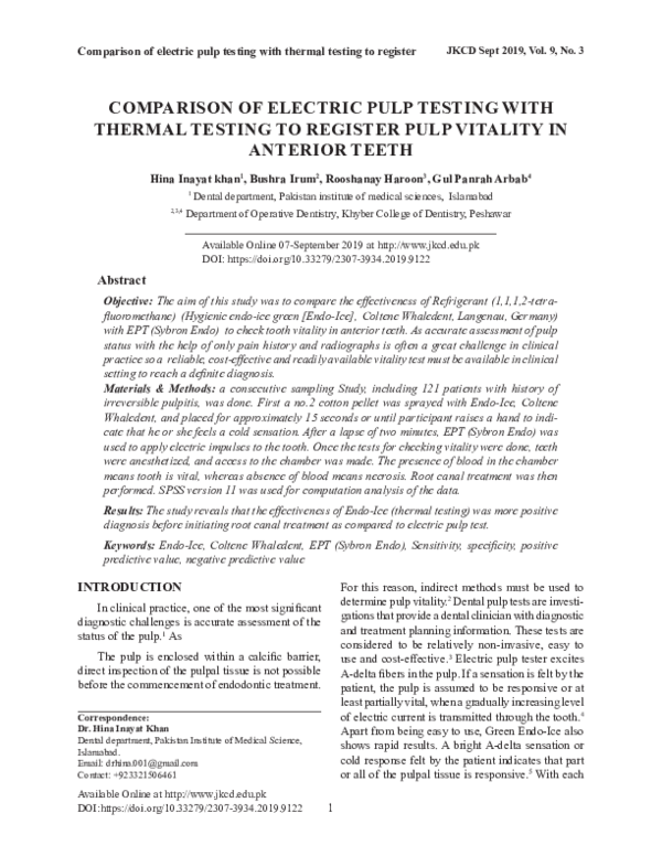 (PDF) Comparison of Electric Pulp Testing with Thermal Testing to ...