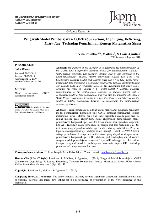 (PDF) Pengaruh Model Pembelajaran CORE (Connection, Organizing, Reflecting, Extending) Terhadap ...