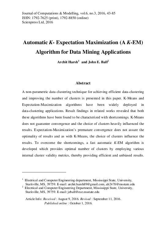 Pdf Automatic K Expectation Maximization A Kem Algorithm For Data Mining Applications