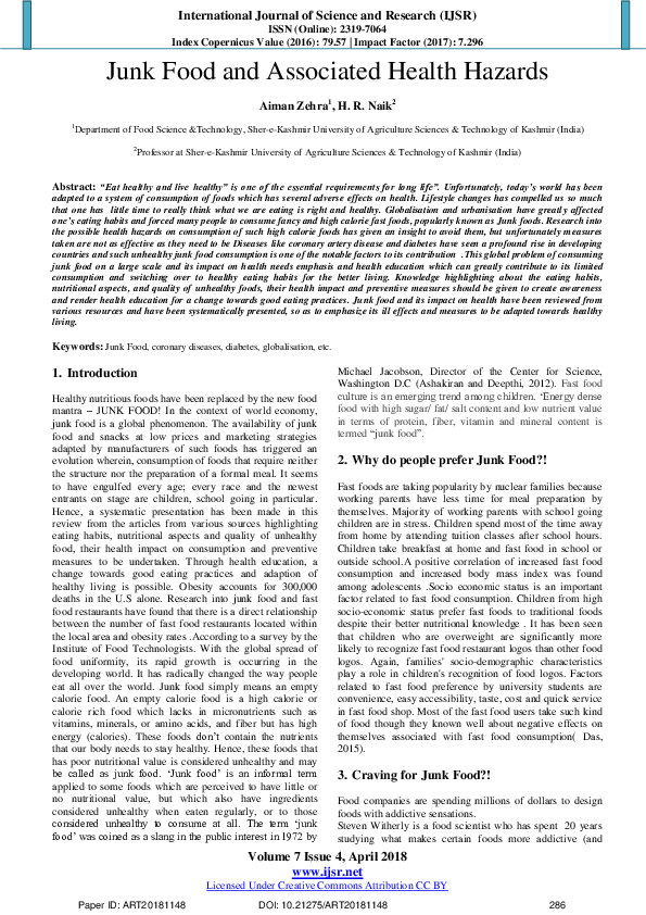 (PDF) Junk Food and Associated Health Hazards