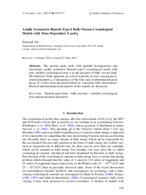 (PDF) Axially Symmetric Bianchi Type-I Bulk-Viscous Cosmological Models ...
