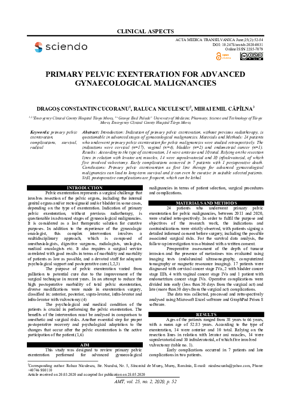 (PDF) Primary Pelvic Exenteration for Advanced Gynaecological Malignancies