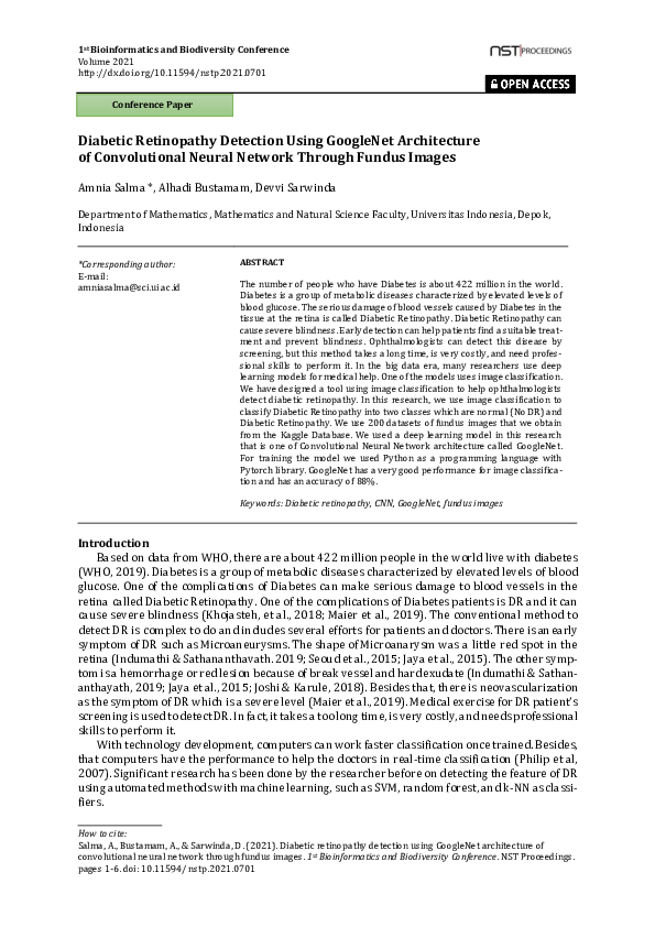 (PDF) Diabetic Retinopathy Detection Using GoogleNet Architecture of Convolutional Neural ...