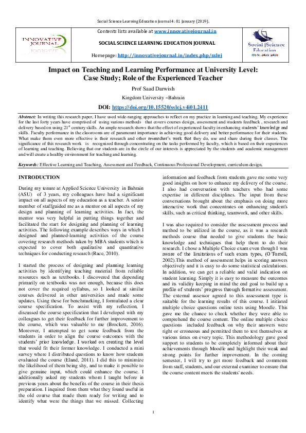 (PDF) Impact on Teaching and Learning Performance at University Level ...