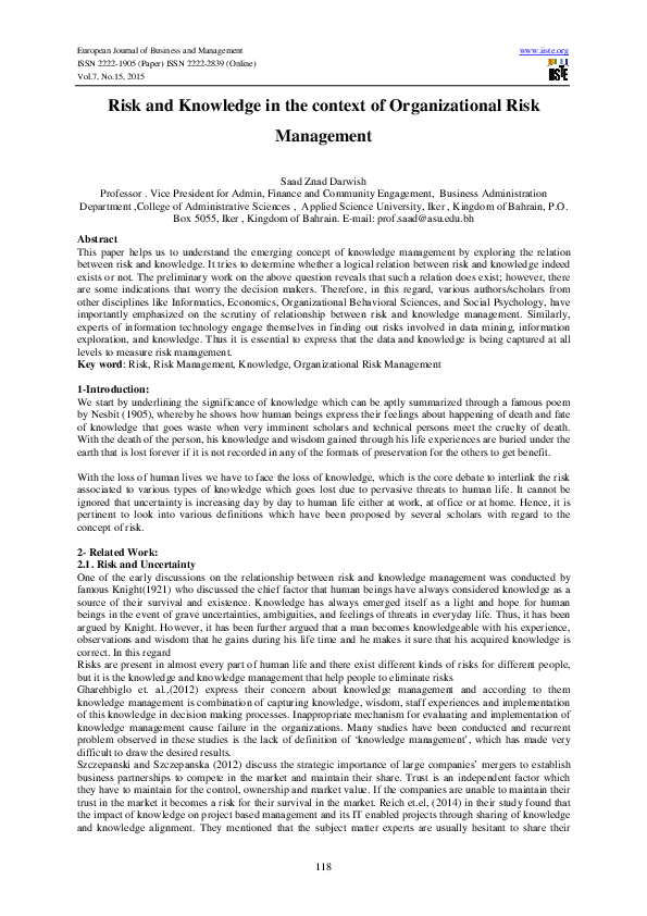 (PDF) Risk and Knowledge in the context of Organizational Risk Management