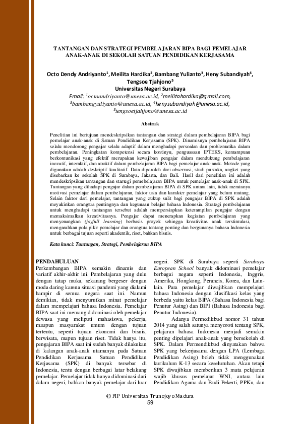 (PDF) Tantangan dan Strategi Pembelajaran BIPA bagi Pemelajar Anak-Anak di Sekolah Satuan ...