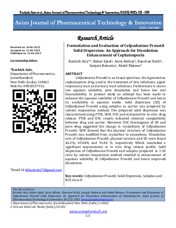 Pdf Formulation And Evaluation Of Cefpodoxime Proxetil Solid Dispersion An Approach For