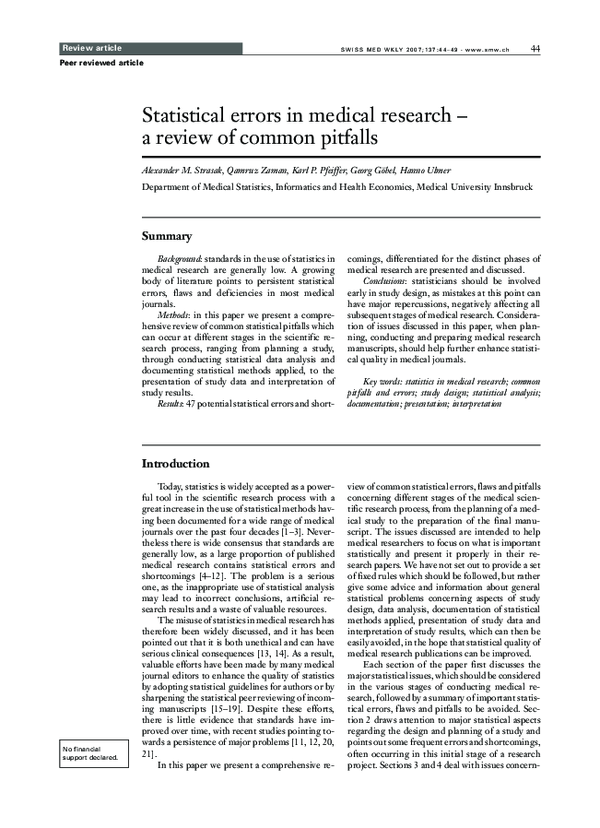 (PDF) Peer reviewed article Statistical errors in medical research – a ...