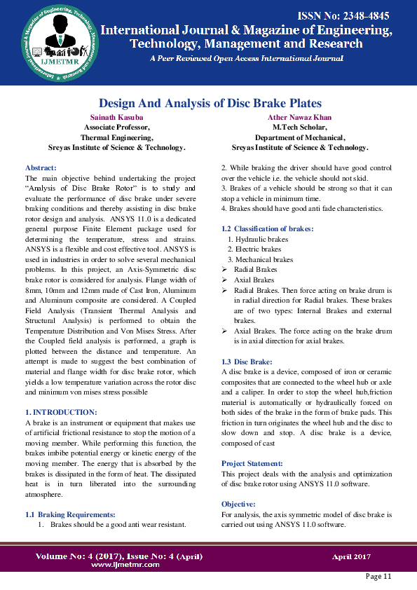 (PDF) Design And Analysis of Disc Brake Plates