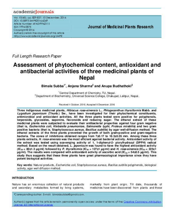 (PDF) Assessment of phytochemical content, antioxidant and antibacterial activities of three ...