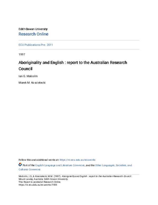 (PDF) Aboriginality and English : report to the Australian Research Council
