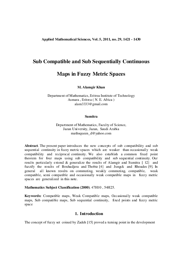Pdf Sub Compatible And Sub Sequentially Continuous Maps In Fuzzy Metric Spaces