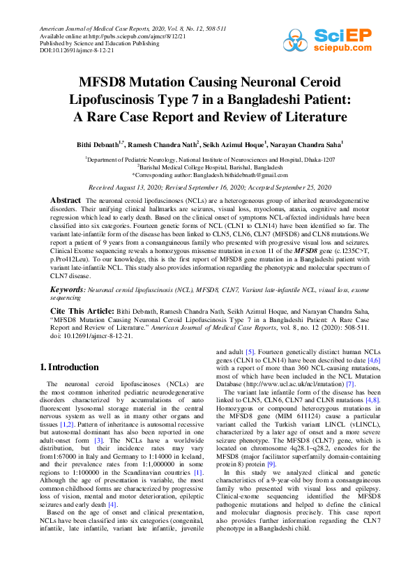 (PDF) MFSD8 Mutation in Bangladeshi NCL Patient