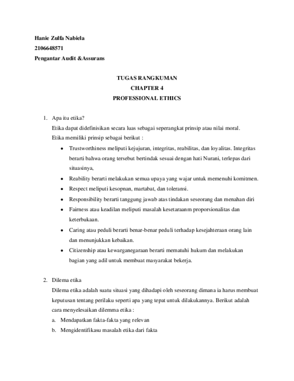 (PDF) Pengantar Audit & Assurans / Dr. Muhammad Razikun / Summary Chapter 4 Professional Ethics ...