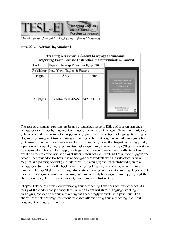 Pdf Teaching Grammar In Second Language Classrooms Integrating Form Focused Instruction In