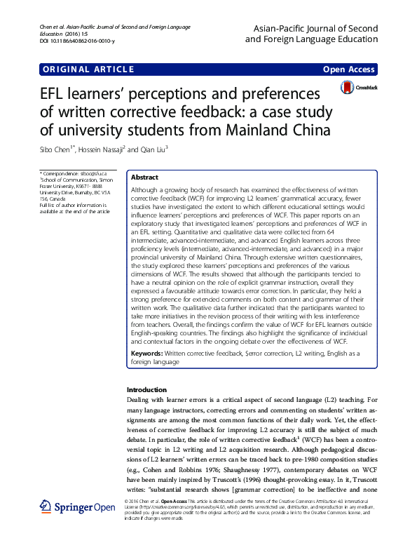 (PDF) EFL learners’ perceptions and preferences of written corrective ...