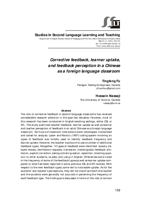 (PDF) Corrective feedback, learner uptake, and feedback perception in a ...