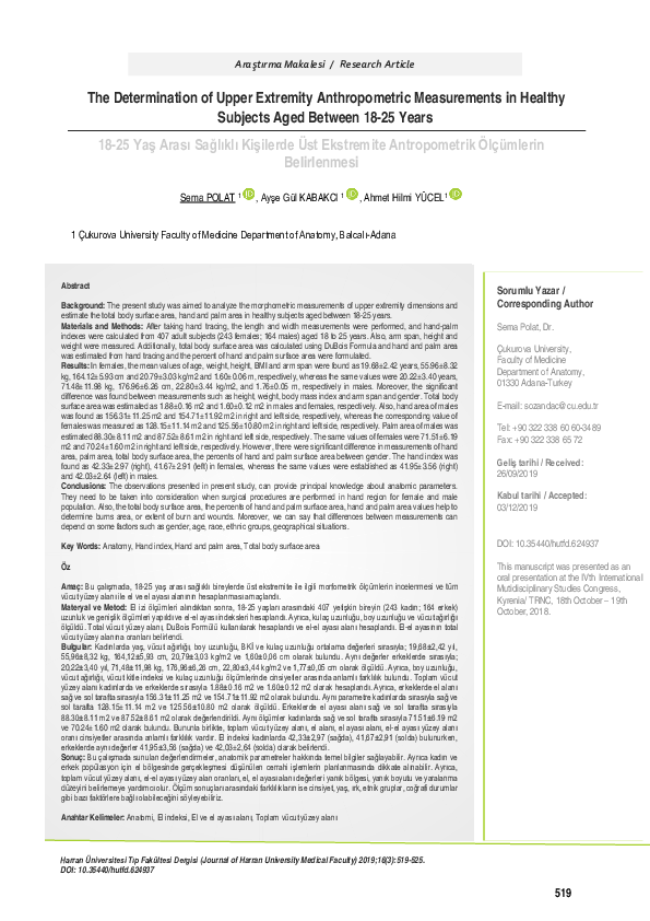 (PDF) The Determination of Upper Extremity Anthropometric Measurements ...