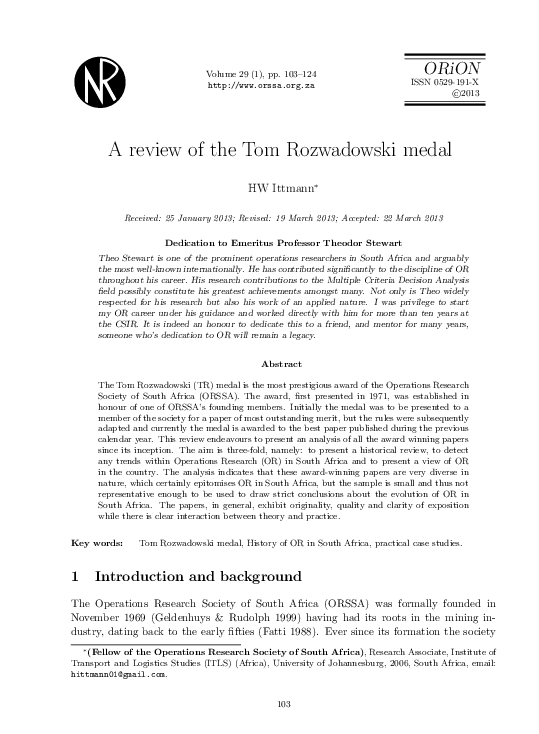 (PDF) A review of the Tom Rozwadowski medal