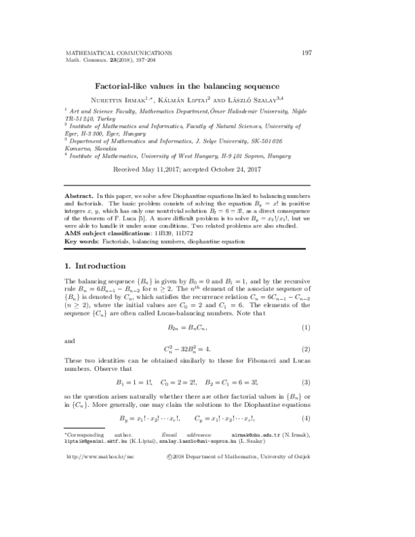 (PDF) Factorial-like values in the balancing sequence