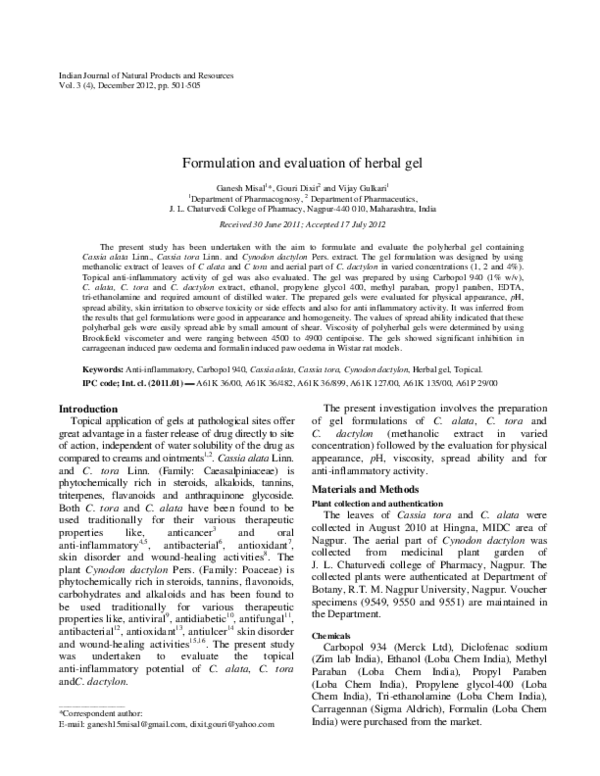 (PDF) Formulation and evaluation of herbal gel