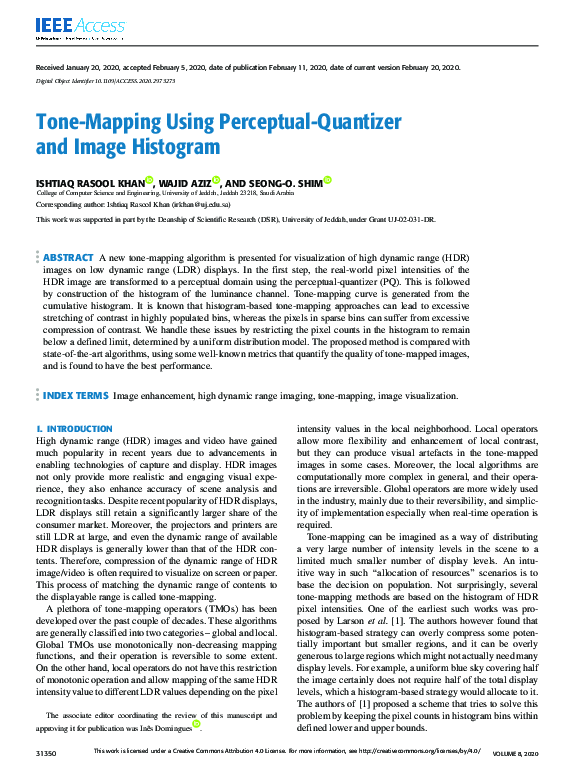 (PDF) Tone-Mapping Using Perceptual-Quantizer and Image Histogram