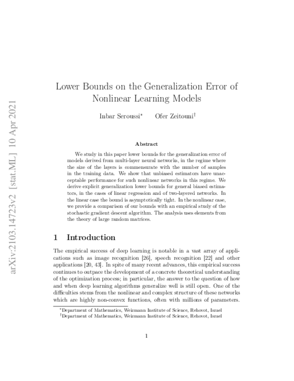 Pdf Lower Bounds On The Generalization Error Of Nonlinear Learning Models