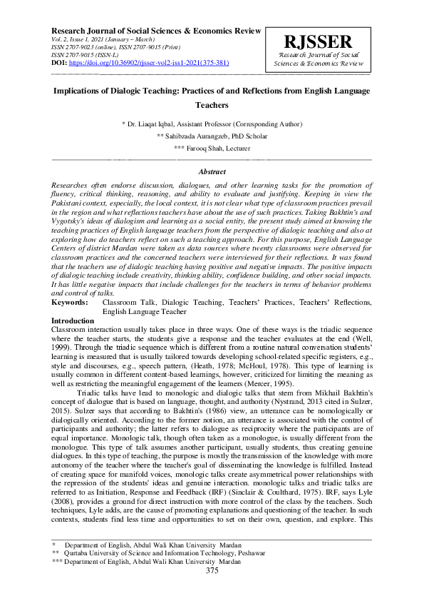 (PDF) Implications of Dialogic Teaching: Practices of and Reflections from English Language Teachers