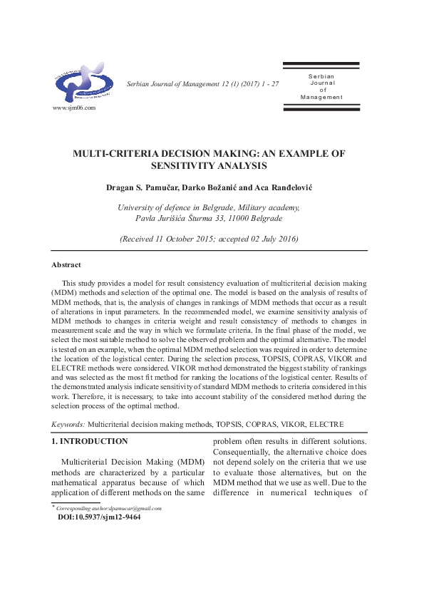 (PDF) Multi-criteria decision making: An example of sensitivity analysis