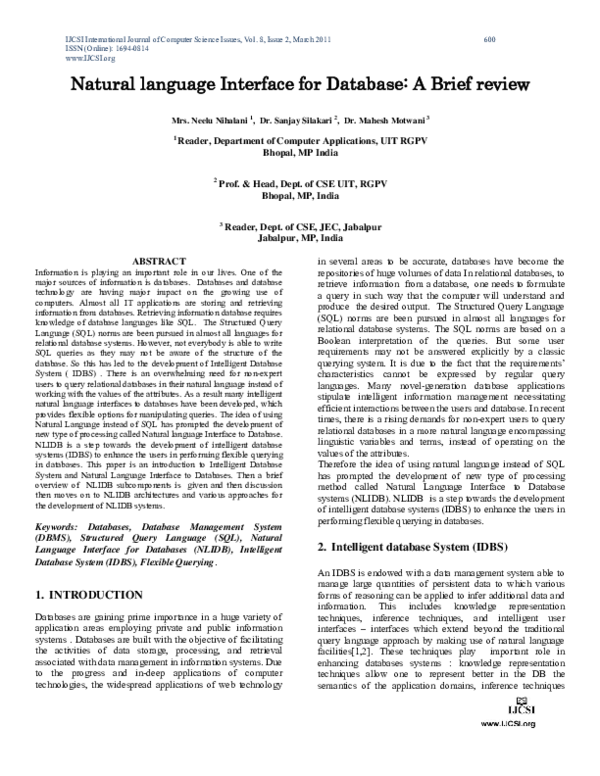 (PDF) Natural language Interface for Database: A Brief review