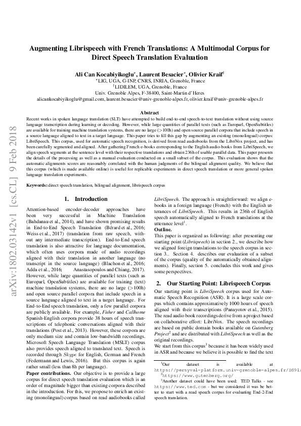 (PDF) Augmenting Librispeech with French Translations: A Multimodal ...