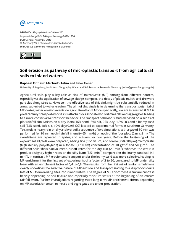 (PDF) Soil erosion as pathway of microplastic transport from ...