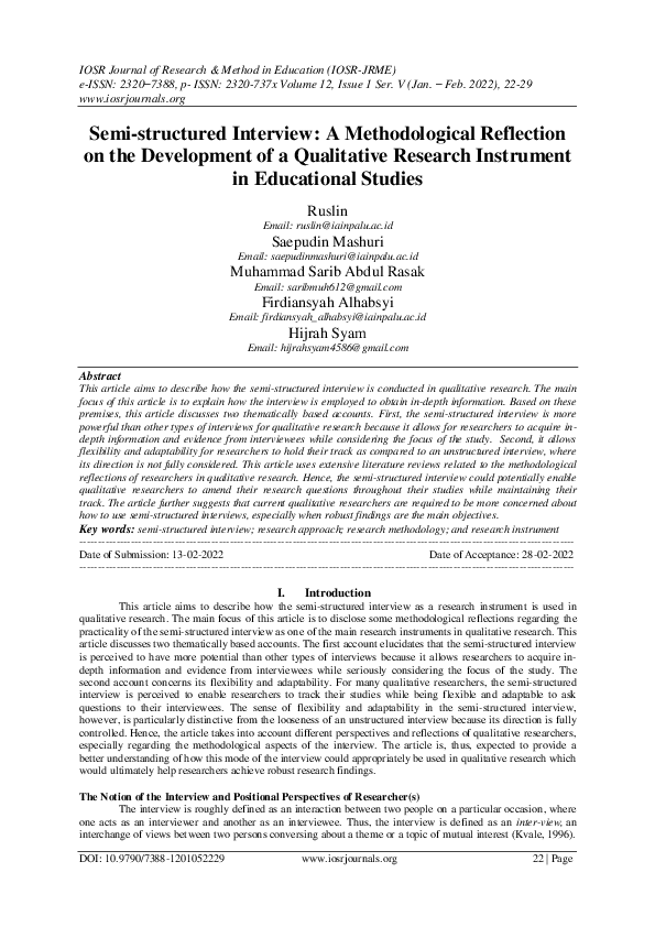 (PDF) Semi-structured Interview: A Methodological Reflection on the ...