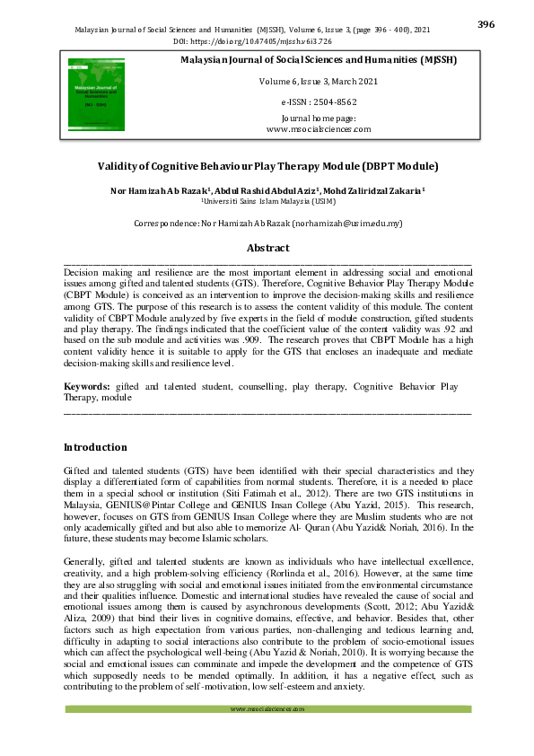 (PDF) Validity of Cognitive Behaviour Play Therapy Module (DBPT Module)