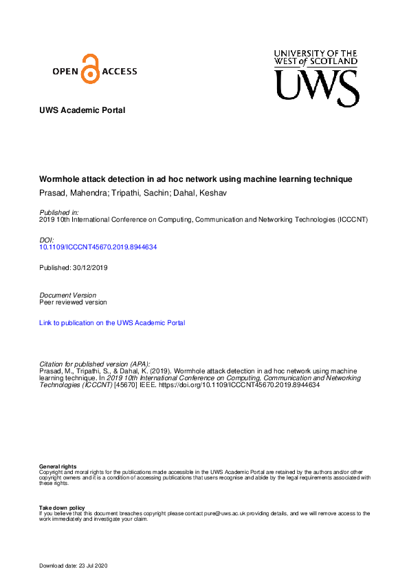 Pdf Wormhole Attack Detection In Ad Hoc Network Using Machine