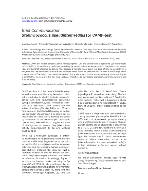 (PDF) Staphylococcus pseudintermedius for CAMP-test