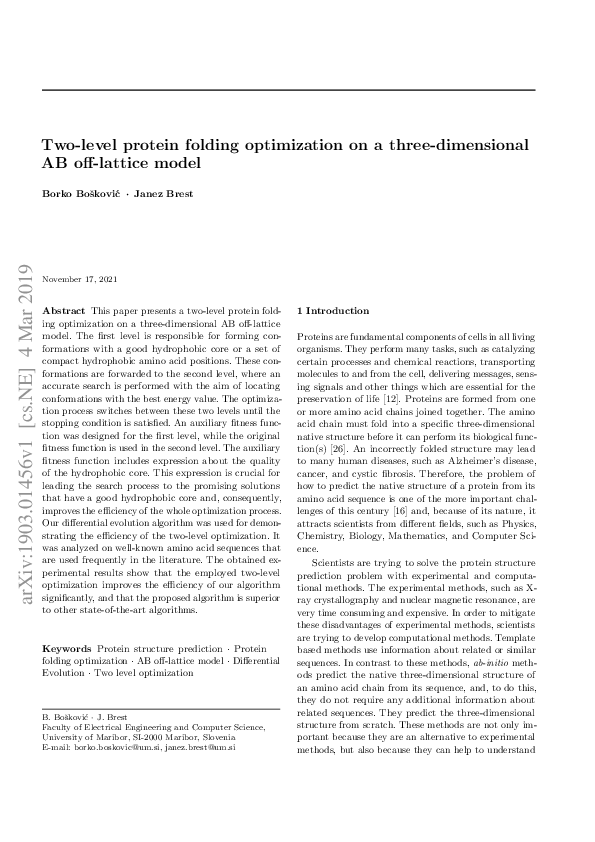 (PDF) Two-level protein folding optimization on a three-dimensional AB ...