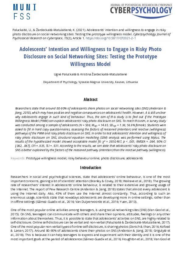 (PDF) Adolescents’ intention and willingness to engage in risky photo ...