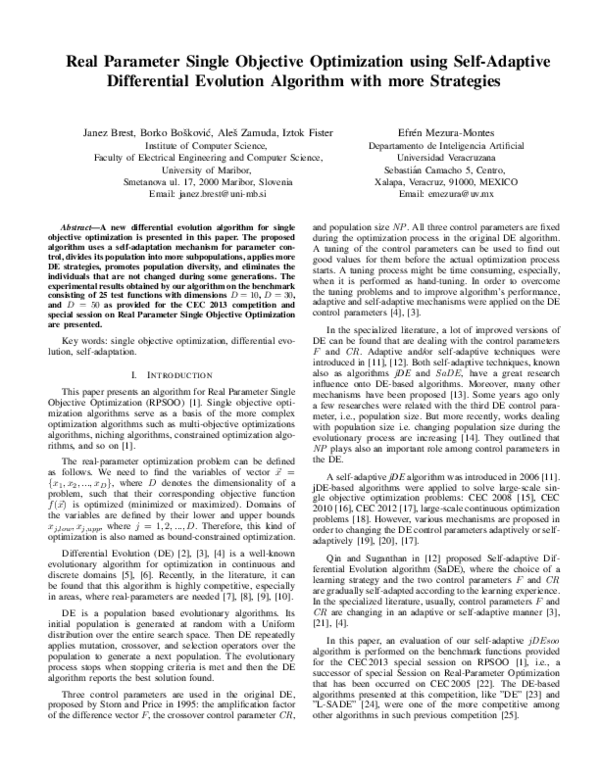 Pdf Real Parameter Single Objective Optimization Using Self Adaptive