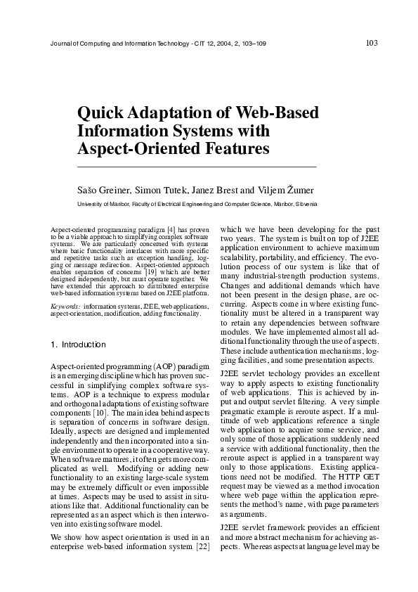 Pdf Quick Adaptation Of Web Based Information Systems With Aspect Oriented Features Janez