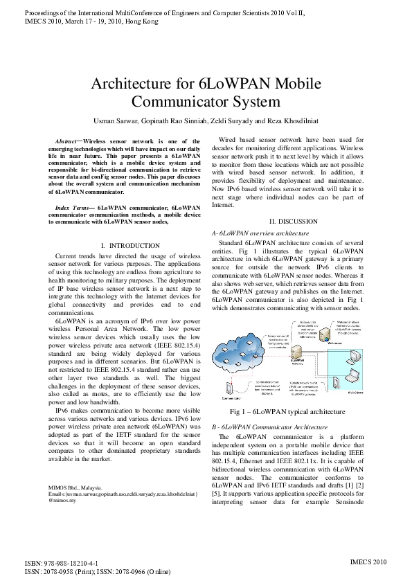 (PDF) Architecture for 6LoWPAN Mobile Communicator System